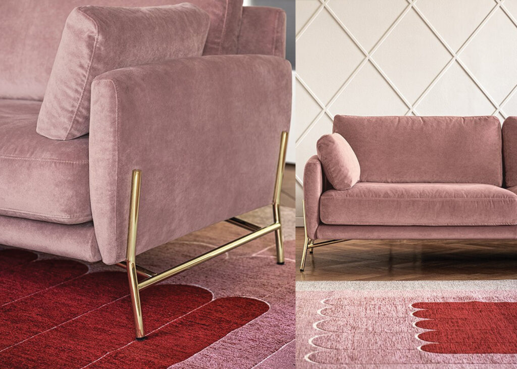 Calligaris le marais chaise sofa in cat 5LX coral fabric and polished ...